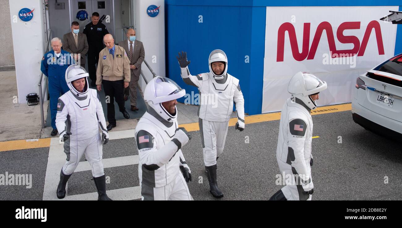 The NASA SpaceX Commercial Crew One astronauts wave as they depart the ...