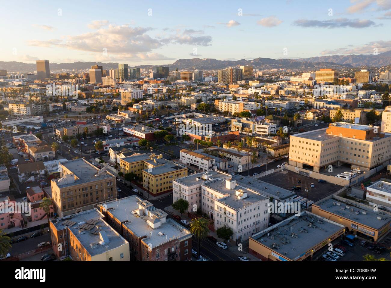 Aerial view of the Pico-Union neighborhood of Los Angeles looking west ...
