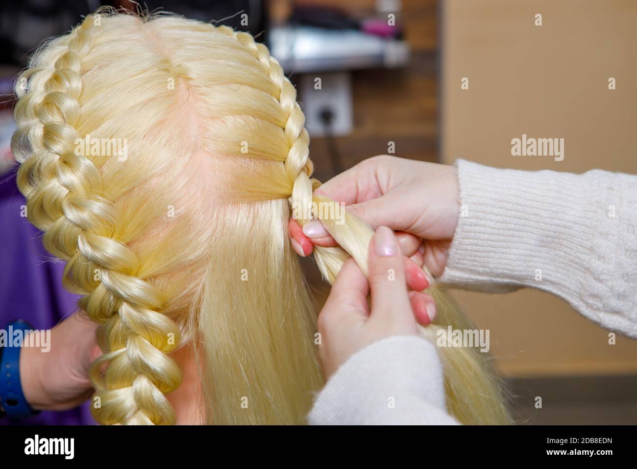 Professional braiding of braids by a master hairdresser in a beauty ...