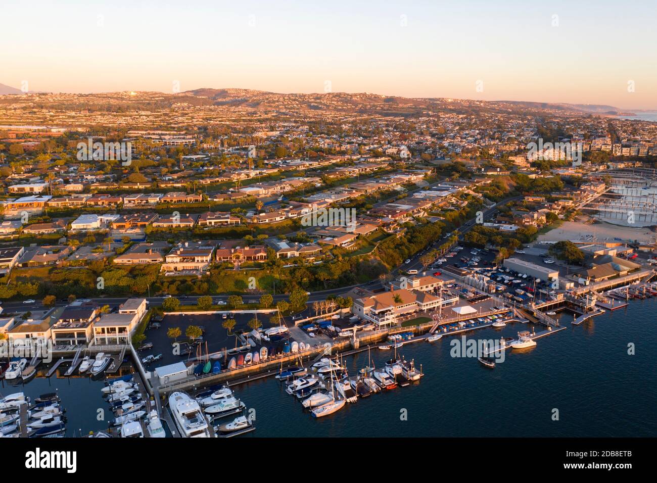 Aerial view of sunset llight over Newport Beach, Orange County ...