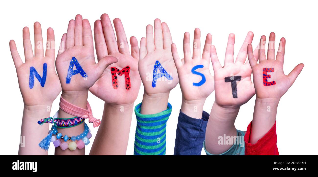 Children Hands Building Colorful Indian Word Namaste Means Hello. White ...