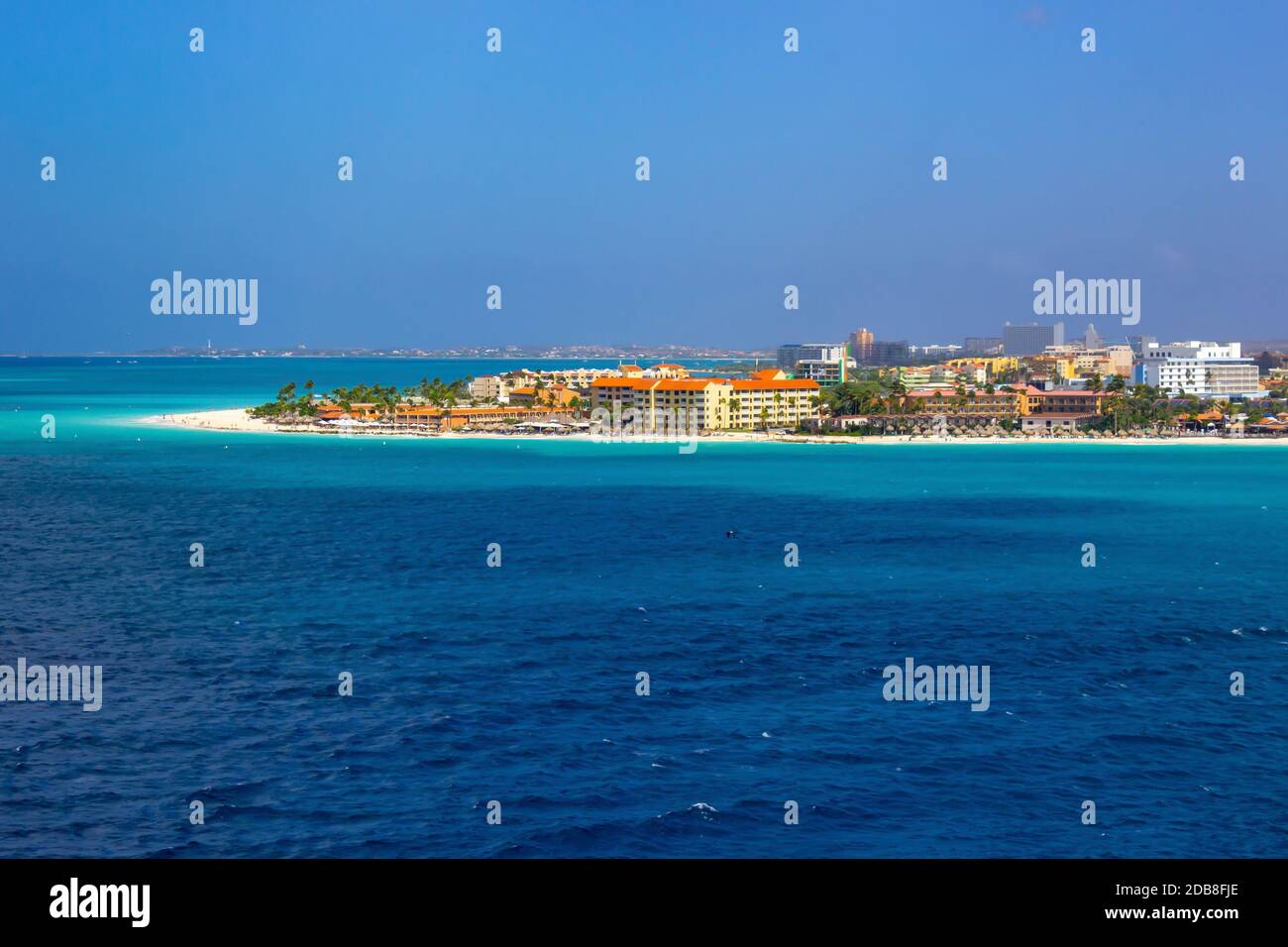 View of the Aruba looking from cruise ship, down over the city and ...