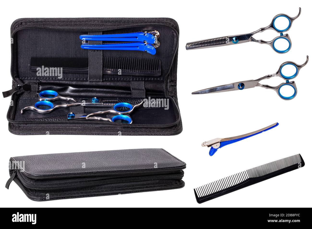 Collage set of hairdresser tools in a open black leather bag, a closed ...