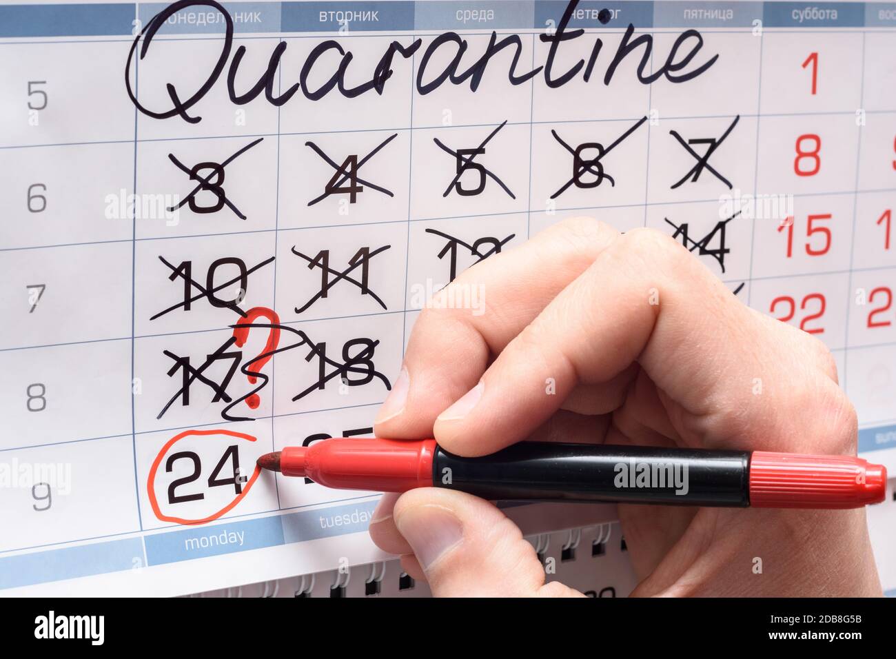 Hand circles the last Monday of the month in red on the calendar Stock ...