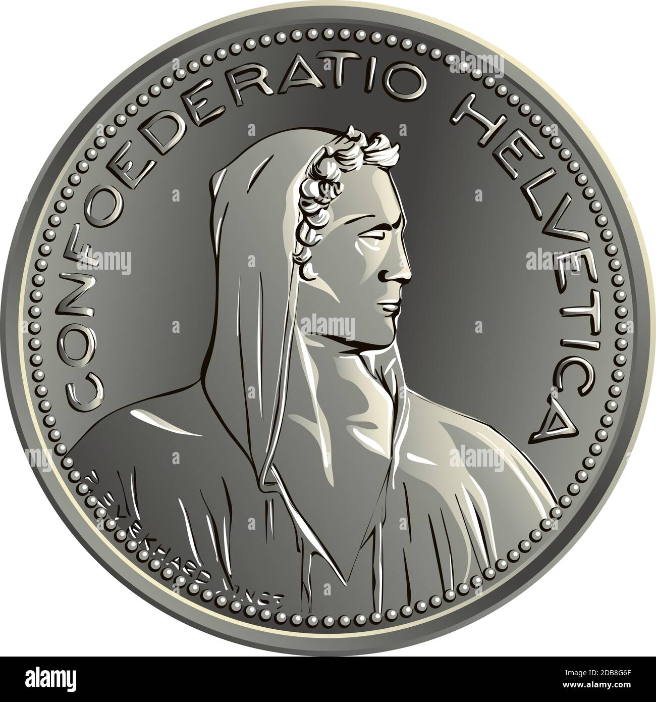 Obverse of 5 Swiss Francs silver coin with Bust of alpine herdsman and ...