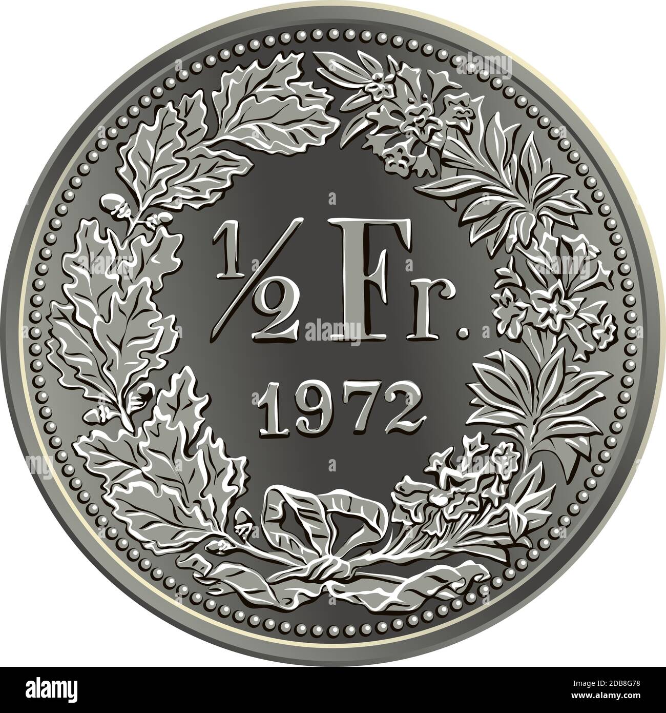 Reverse of 50 centimes or one half Swiss franc coin with one half Fr ...