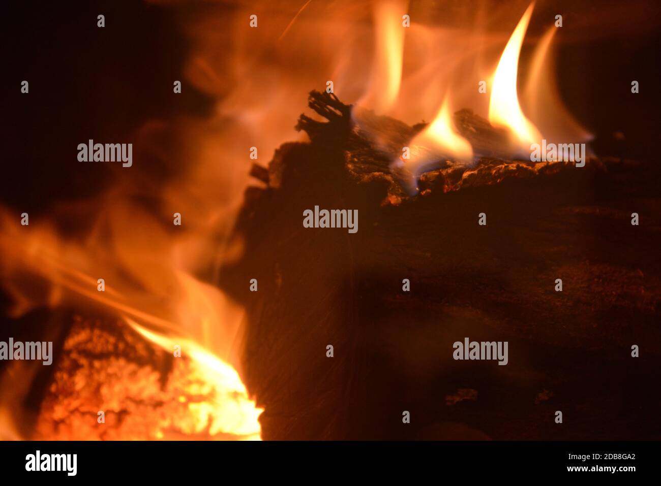 Warmth and light, a log of wood and a crackling fire in autumn Stock ...