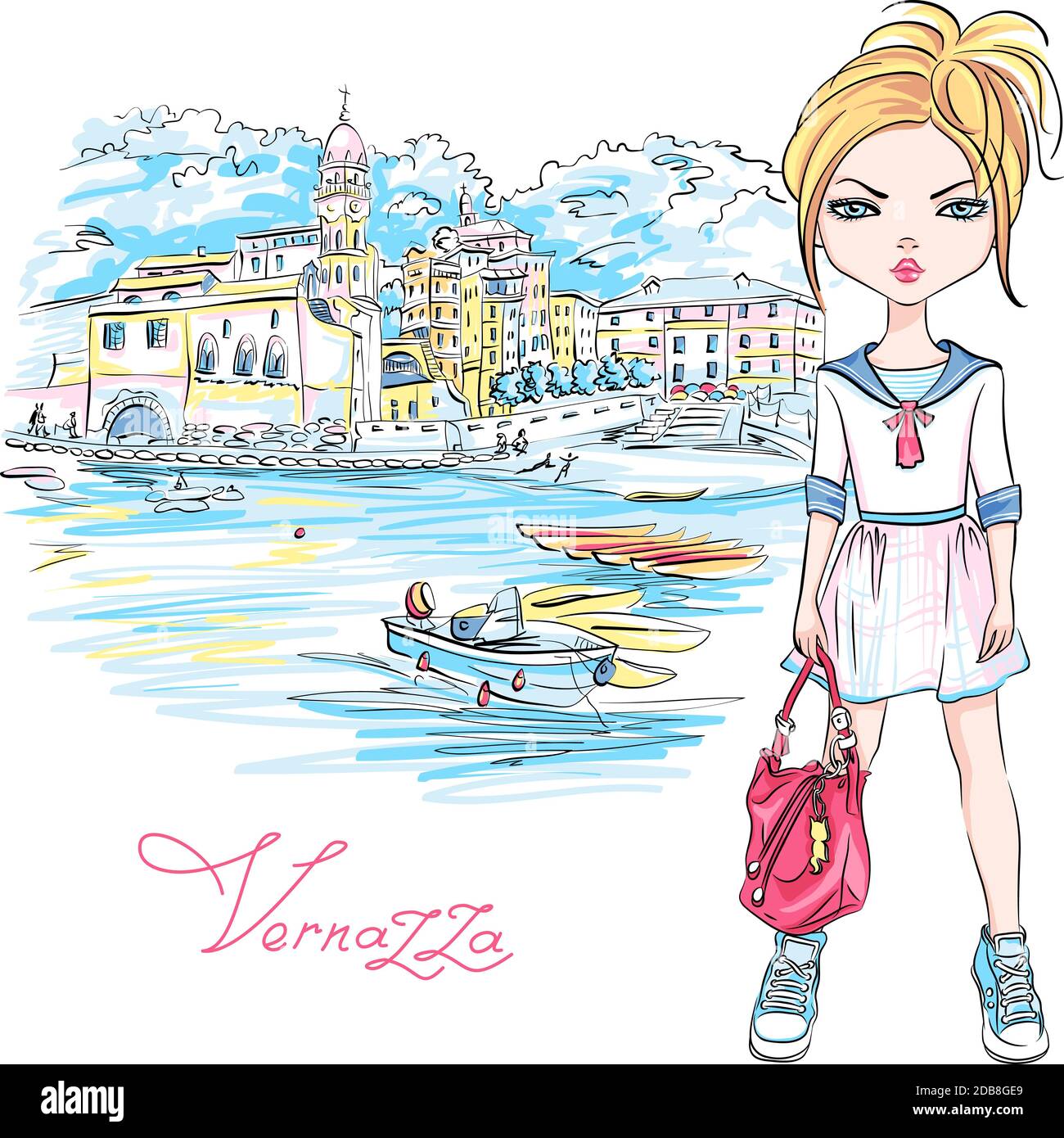 Cute beautiful fashion girl in summer dress in Vernazza, Five lands ...