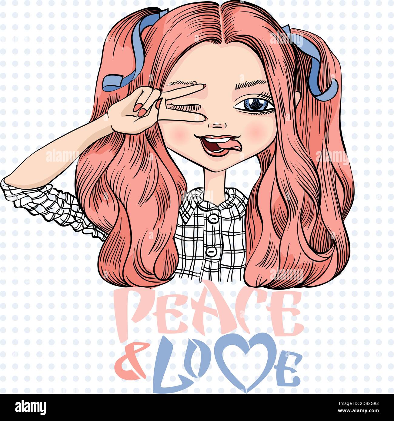 Vector beautiful fashionable girl makes peace sign hands, smiles a ...