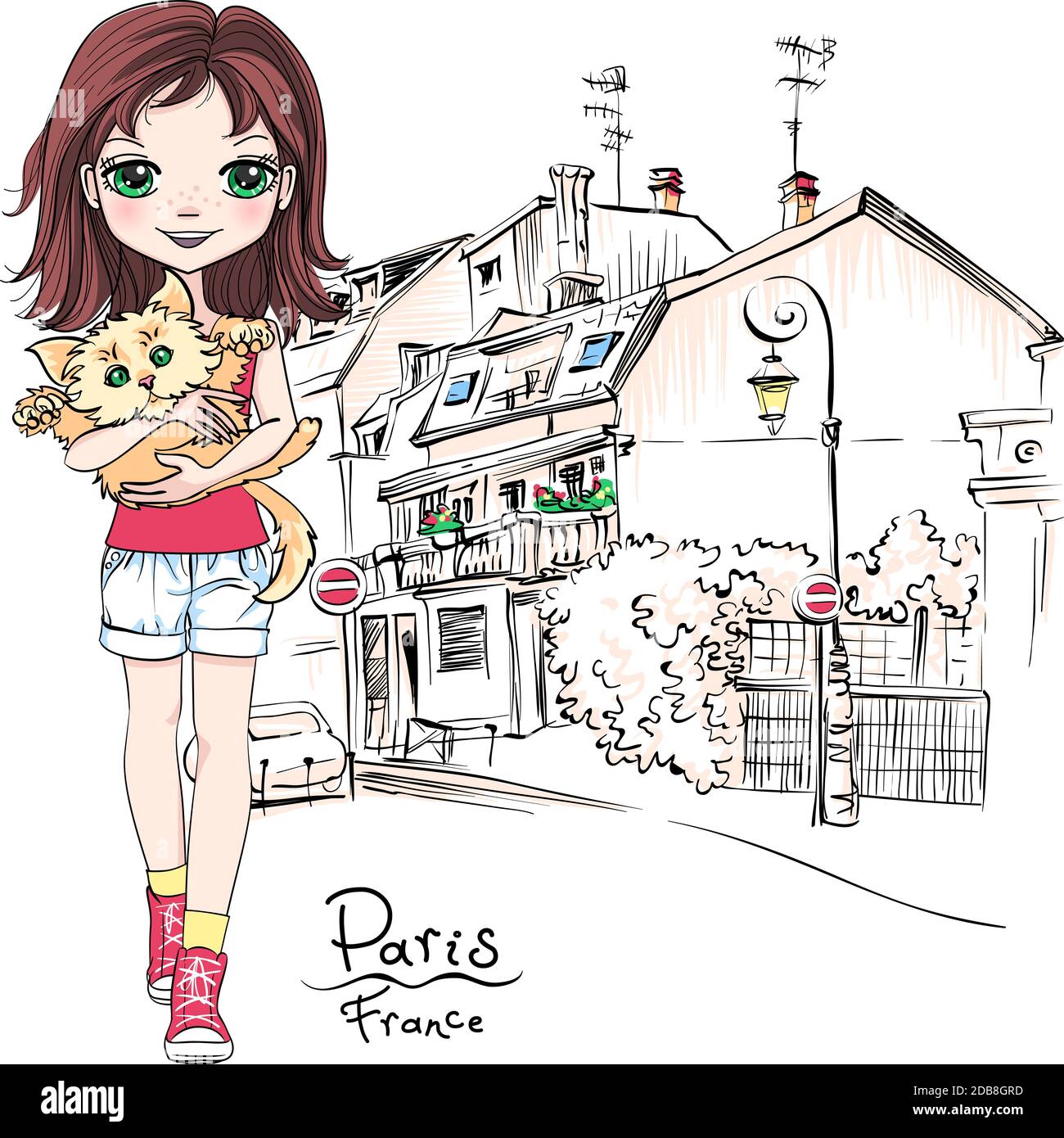 Vector cute girl with cat in Paris, France Stock Photo - Alamy