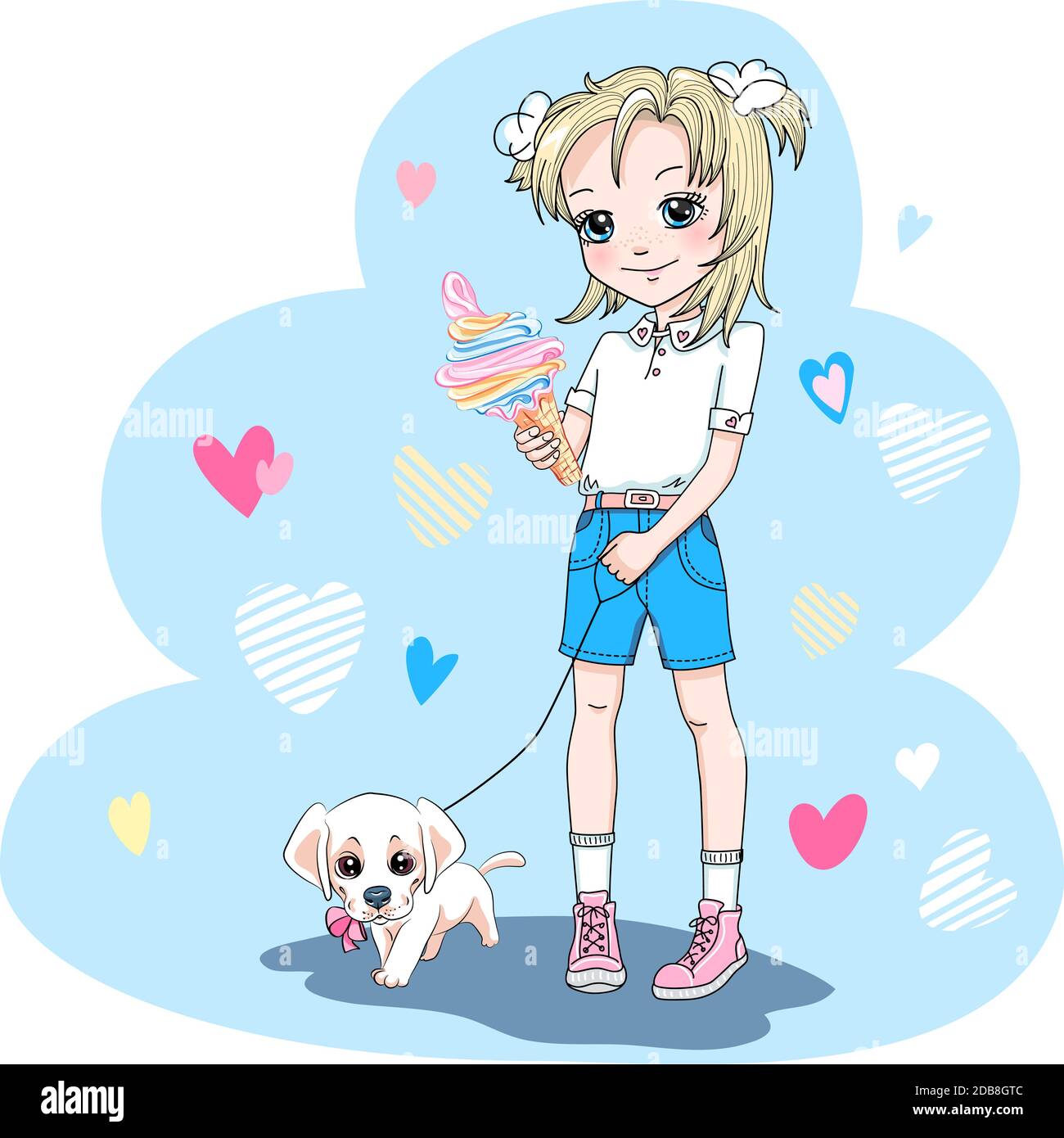 Vector cute beautiful blond girl with Ice Cream and Labrador puppy ...