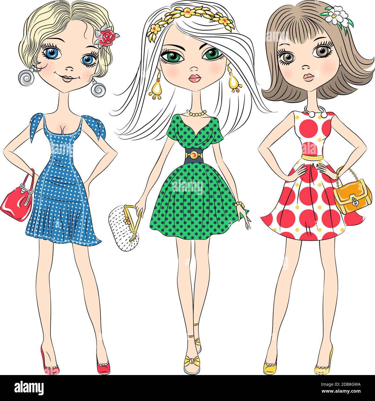 Set beautiful fashion girls top model in elegant dresses with polka dot ...