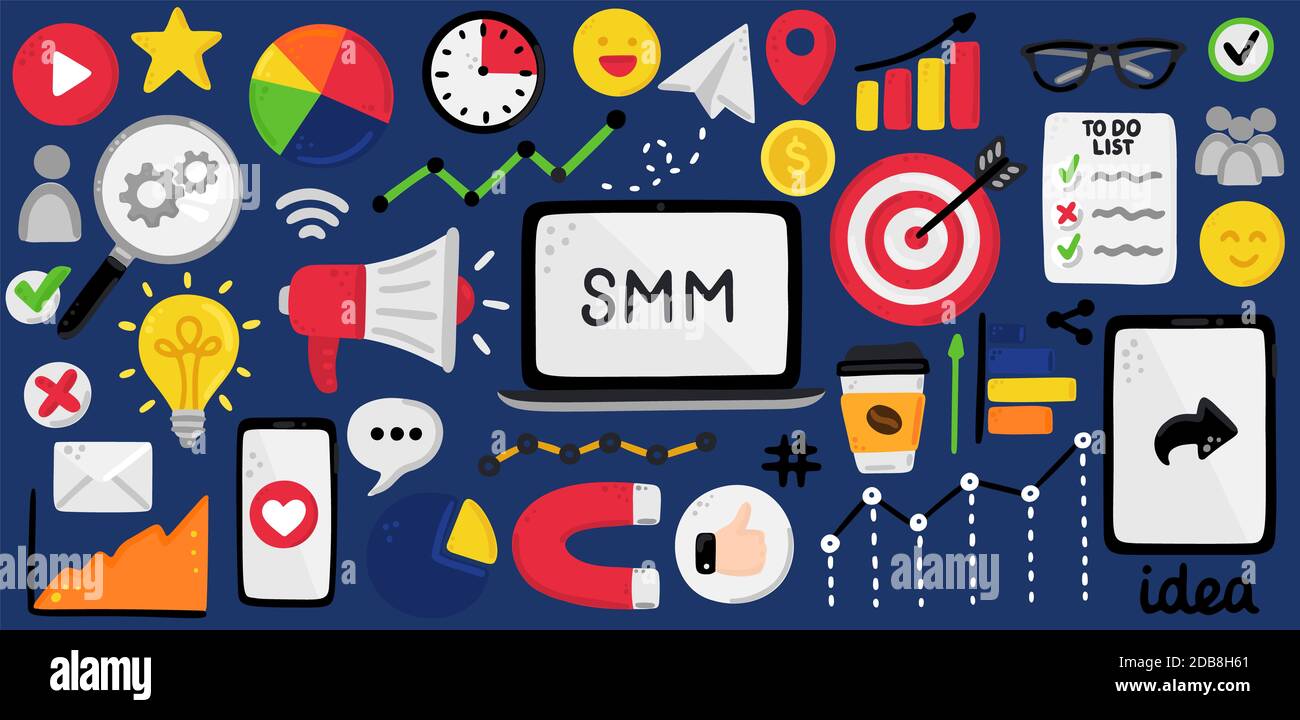 Vector background with smm elements. Social Media Marketing. Reach and ...