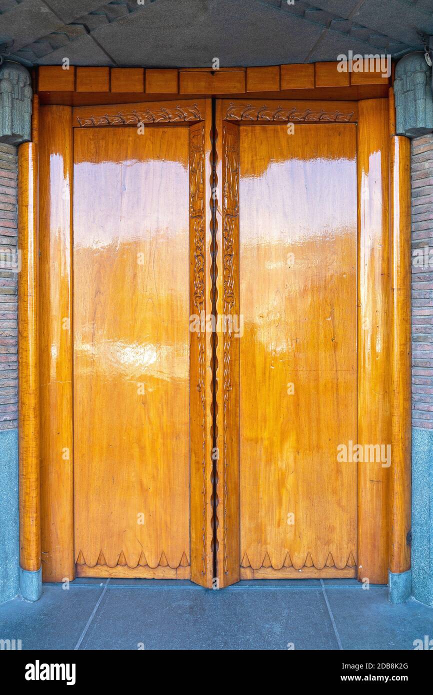 High Gloss Lacquer Finish at Double Wooden Doors Stock Photo - Alamy