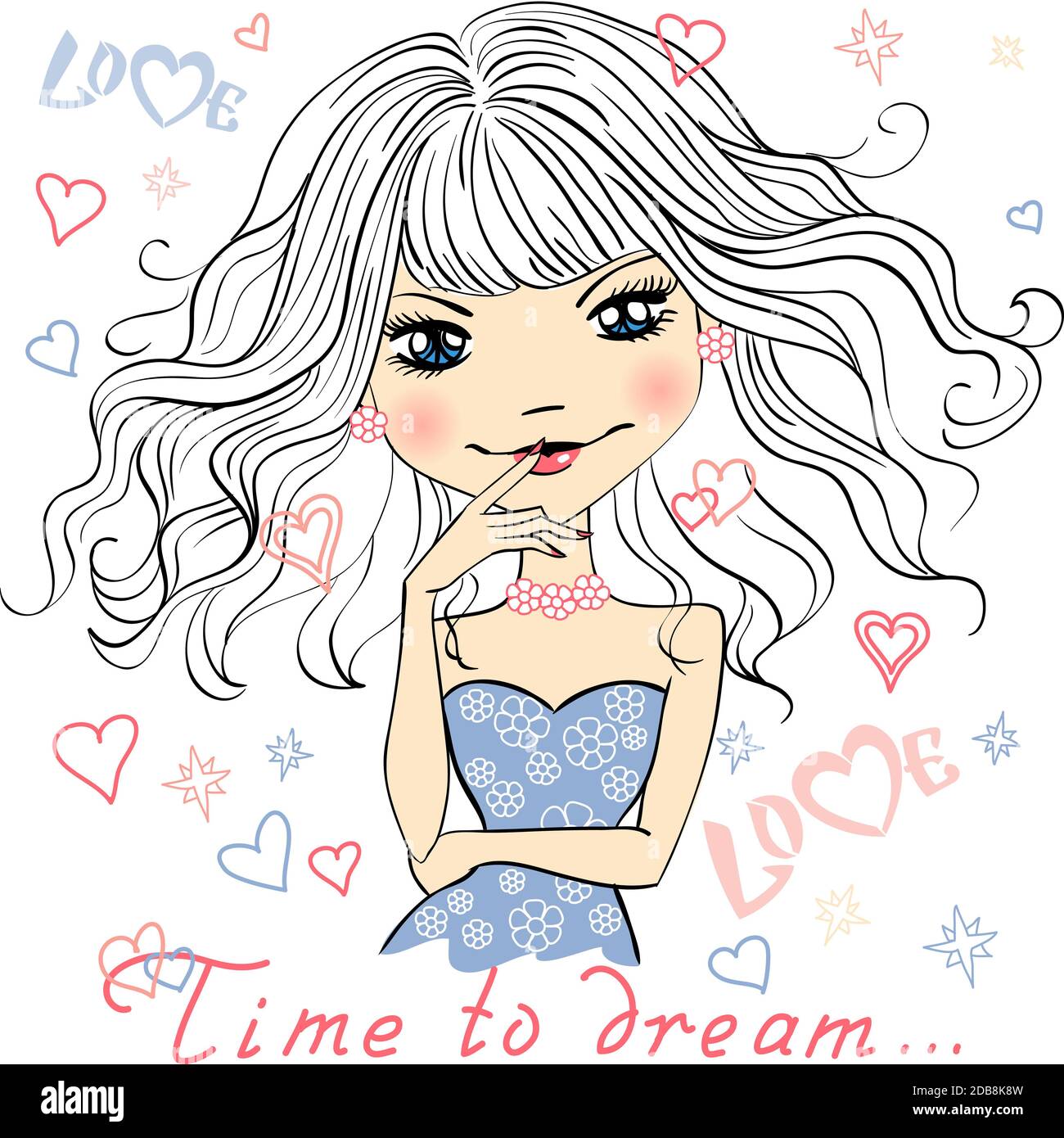 Vector beautiful fashionable girl dreams and smiles a dream smile Stock ...