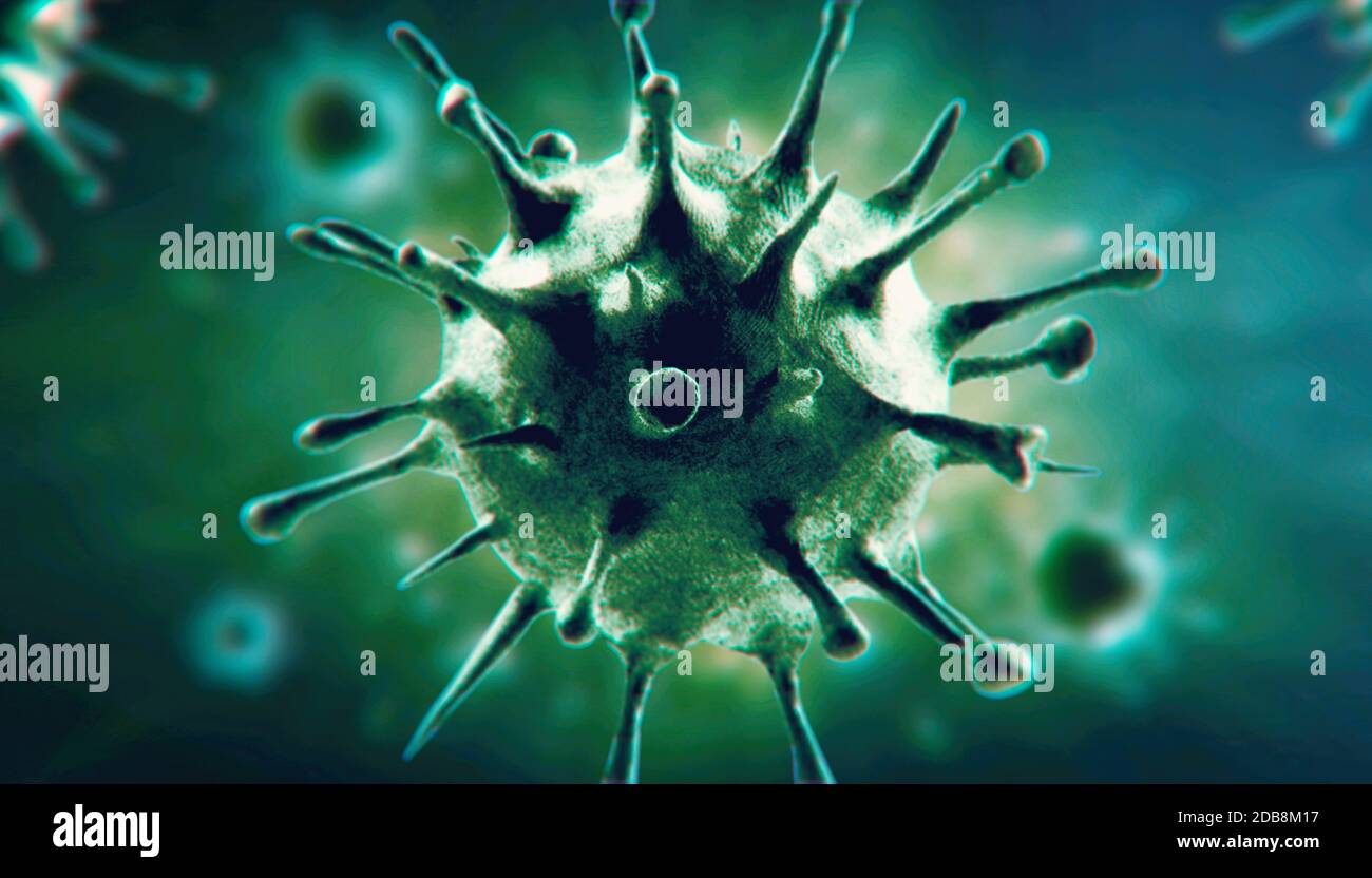 Microscopic view of influenza virus cells. 3D medical illustration ...