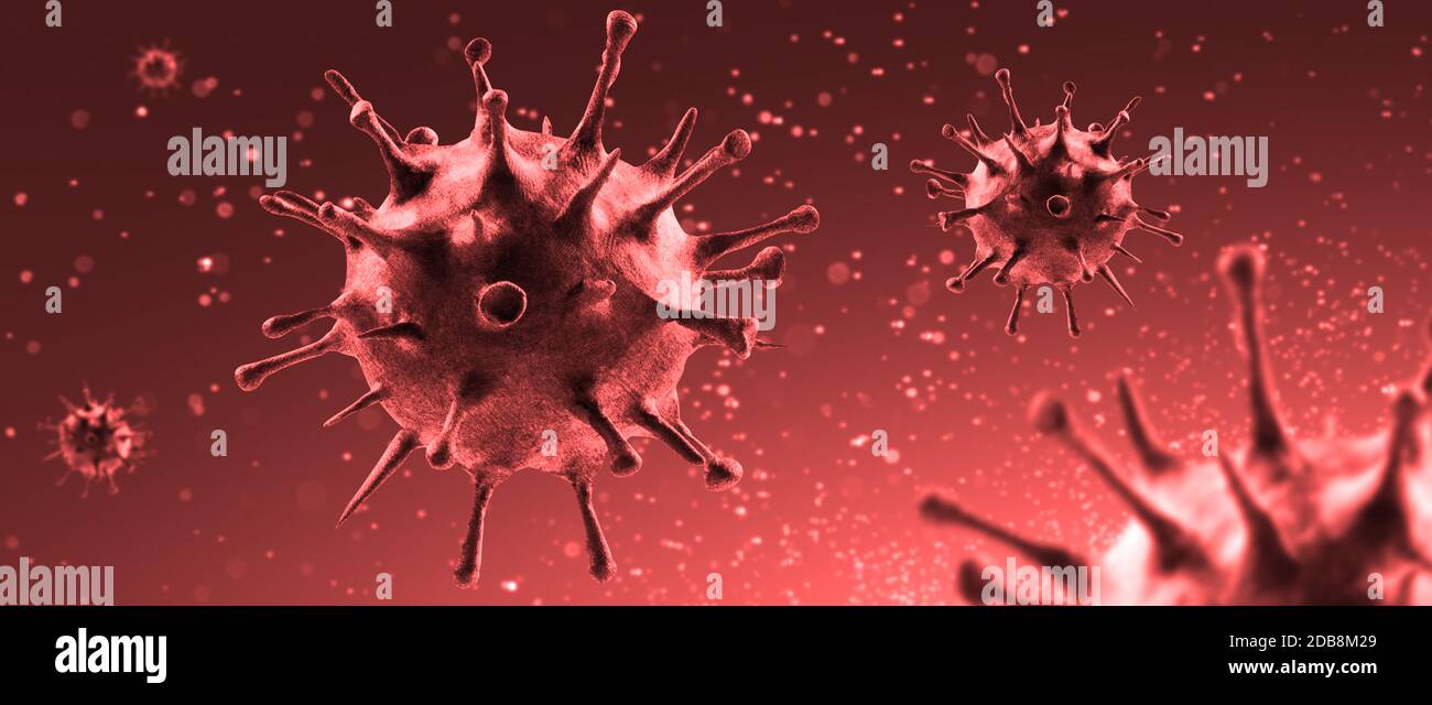 Microscopic view of influenza virus cells. 3D medical illustration ...
