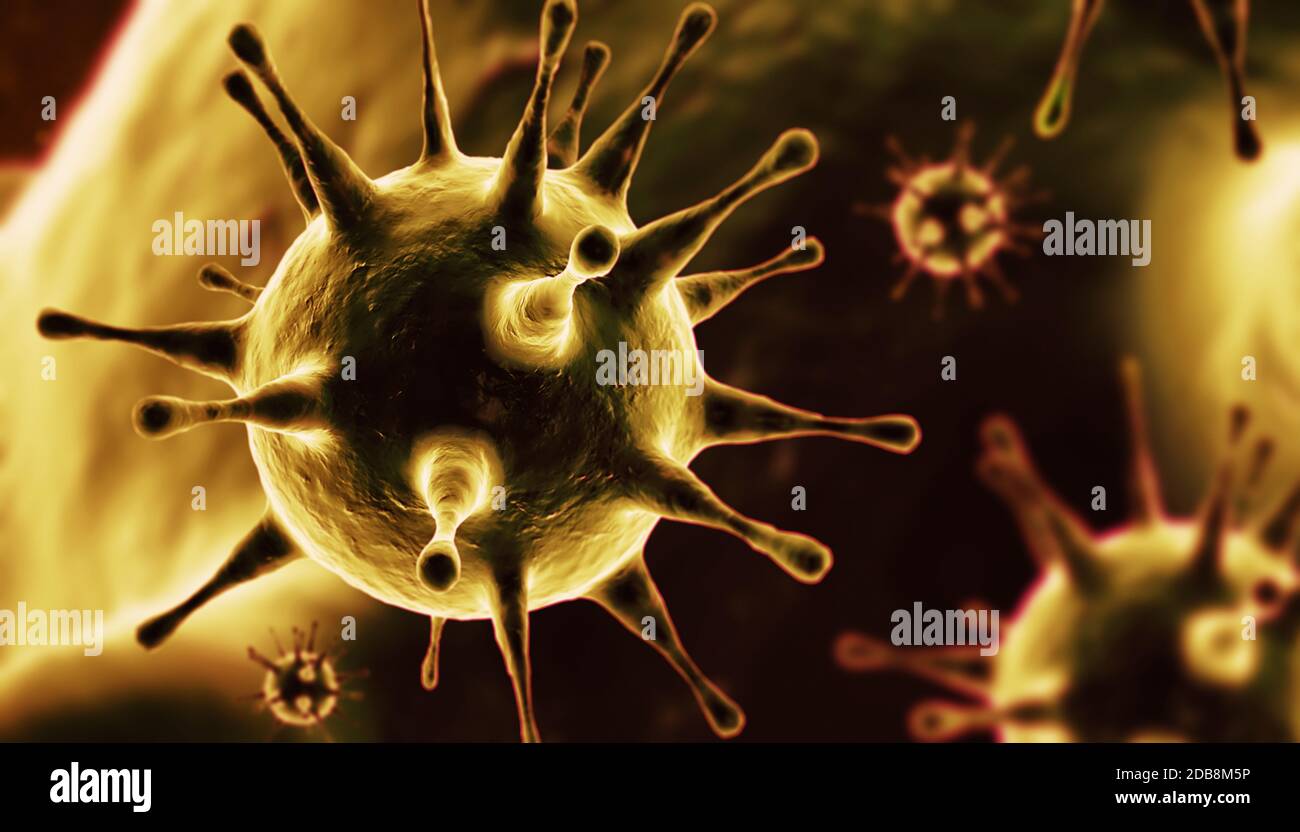 Microscopic view of influenza virus cells. 3D medical illustration ...