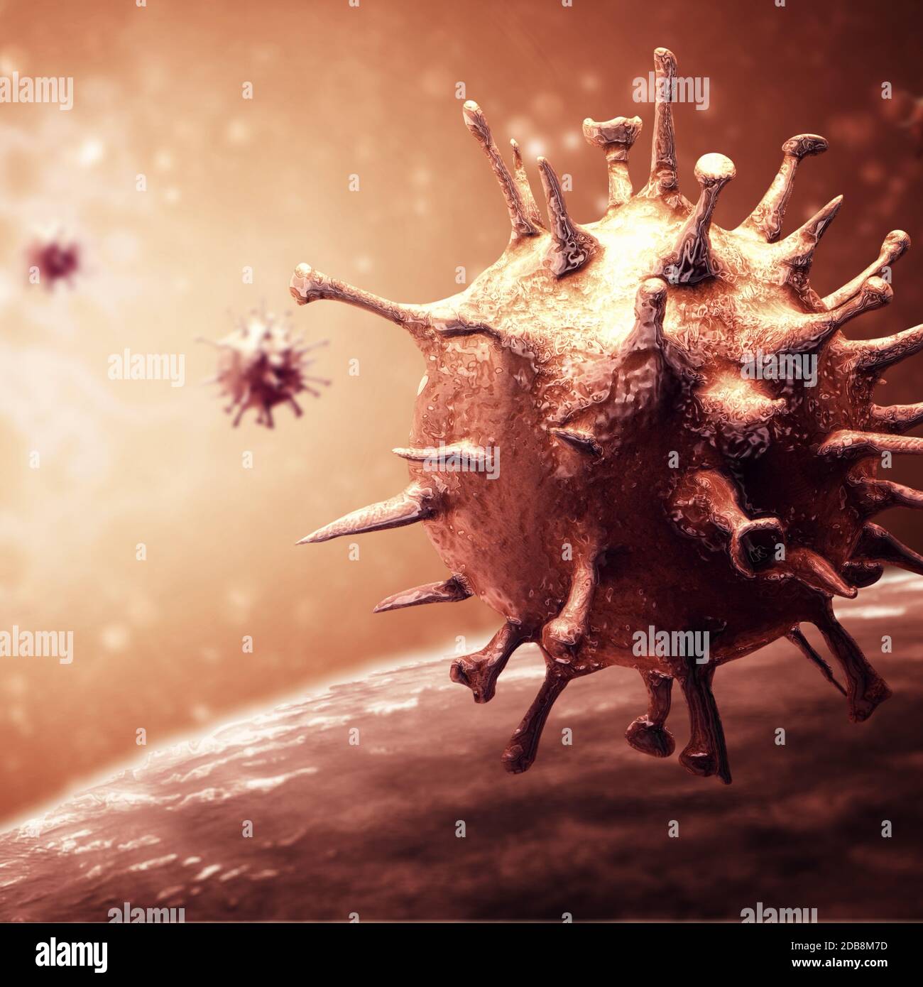 Microscopic view of influenza virus cells. 3D medical illustration ...