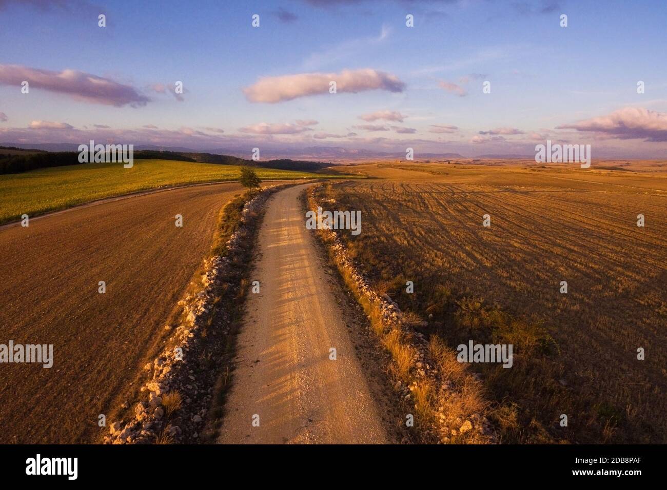 Aerial view of rural road in beautiful countryside landscape at sunset ...