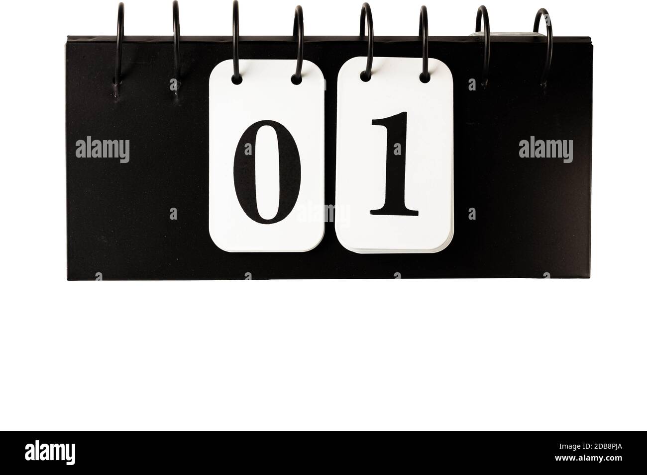 Close up view of calendar with selected date 01 isolated on white ...