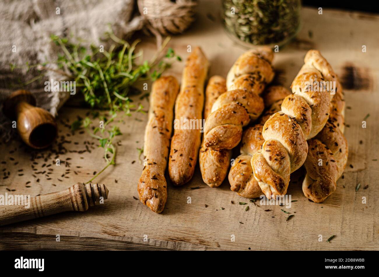 Delicious homemade salted sticks with cumin and sea salt Stock Photo ...