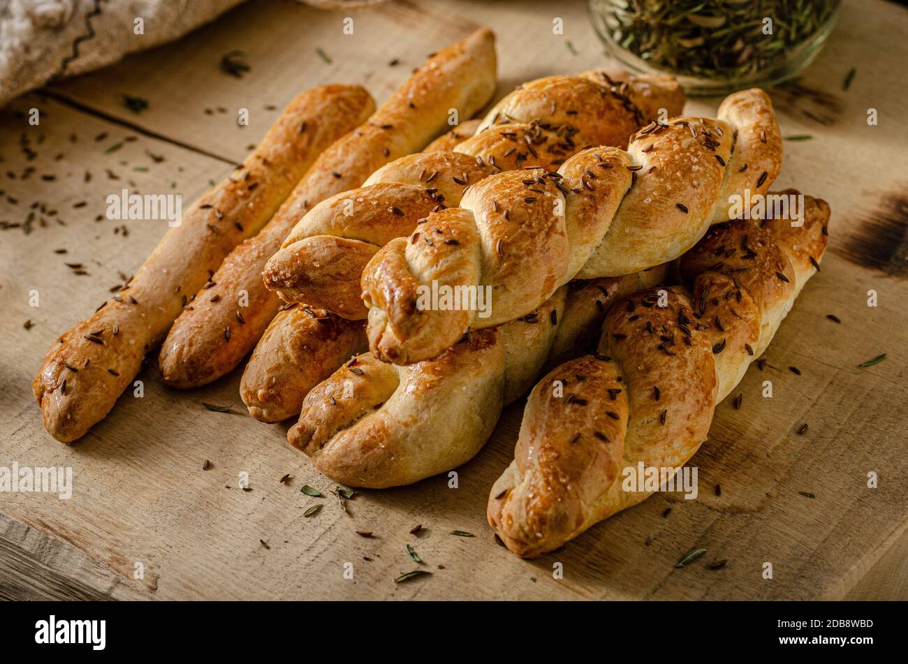 Delicious homemade salted sticks with cumin and sea salt Stock Photo ...