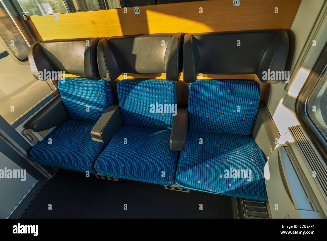 Blue seat compartment in fast expres train in Czech republic from Linz ...