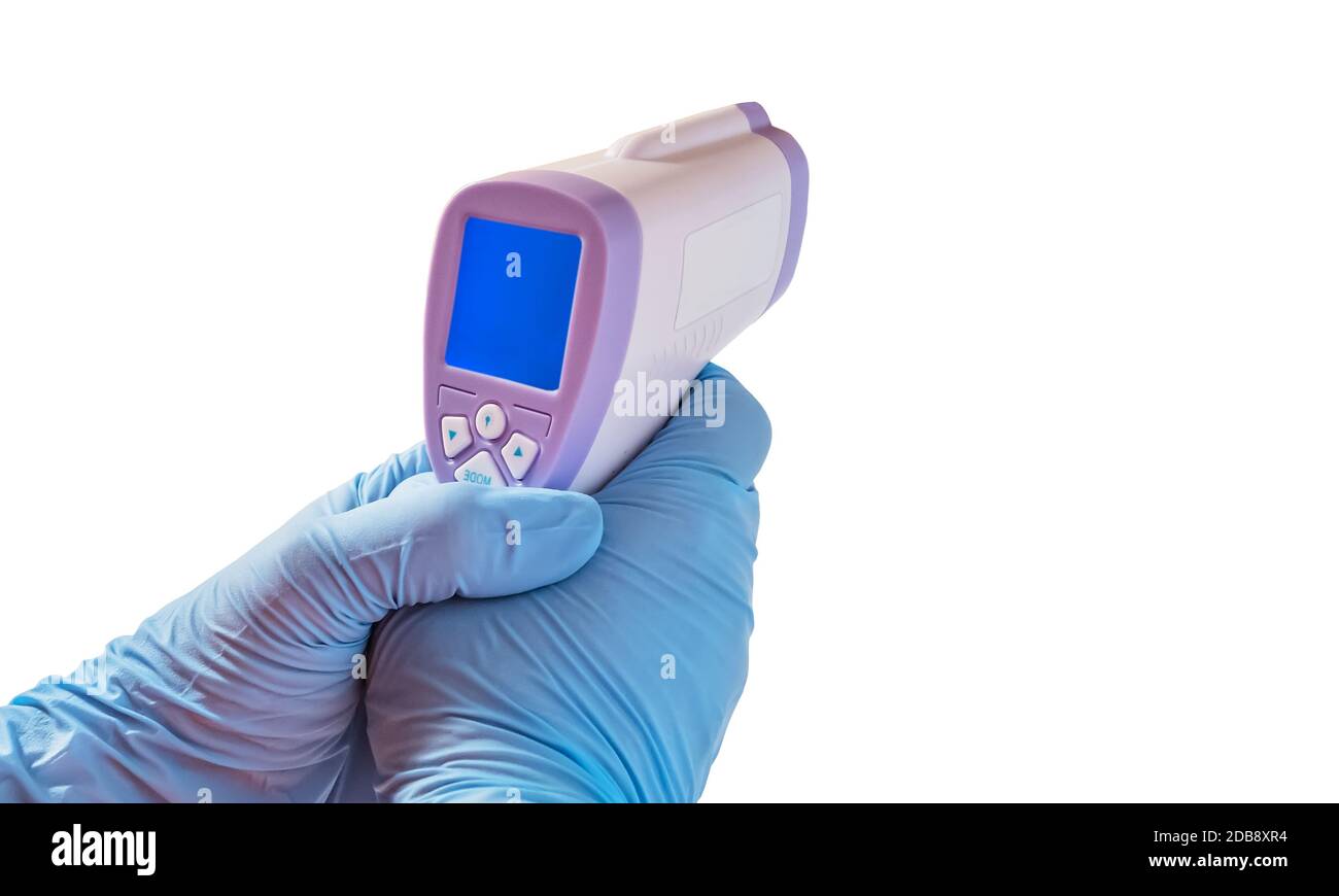 Thermometer infrared front view blue blank screen copy space isolated ...