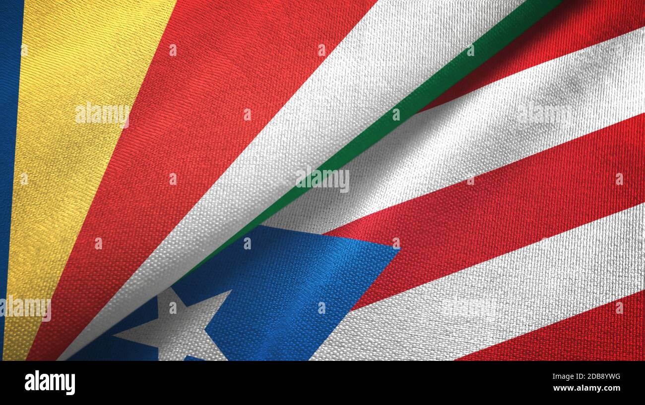 Seychelles and Puerto Rico two flags textile cloth, fabric texture ...