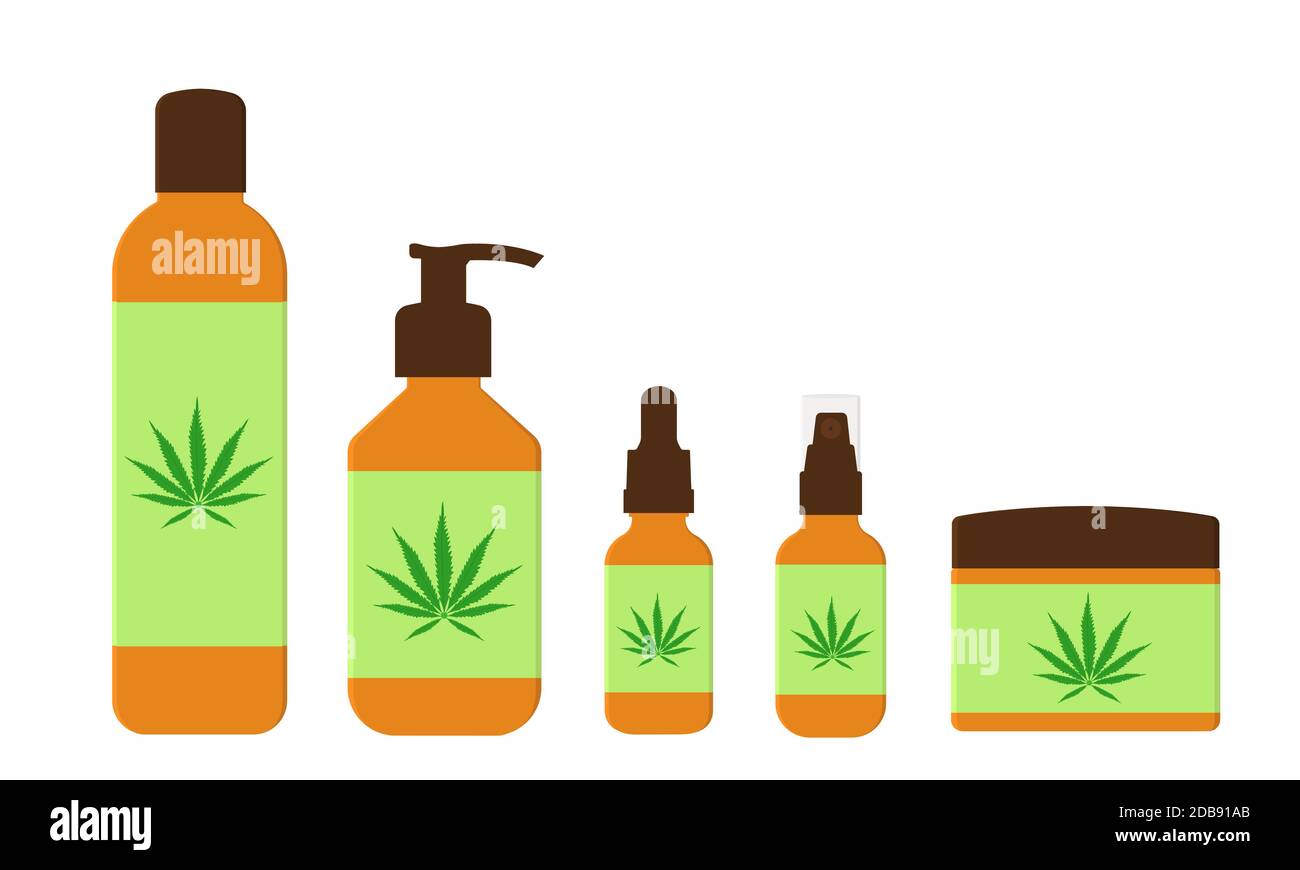 CBD oil cosmetic products in different bottles. Natural hemp cosmetic ...