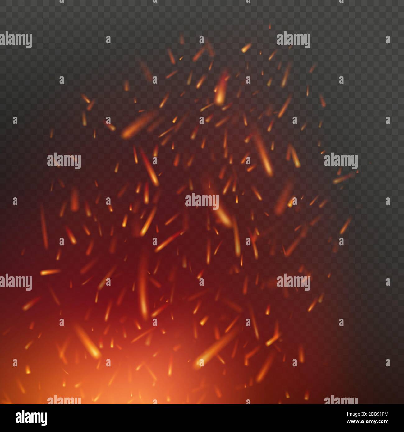 Fire sparks effect flying up with glowing particles in air over dark ...