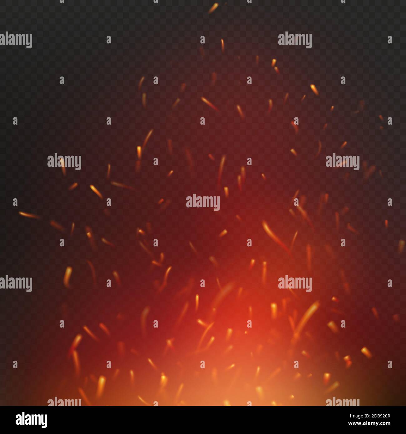 Fire sparks effect flying up with glowing particles in air over dark ...