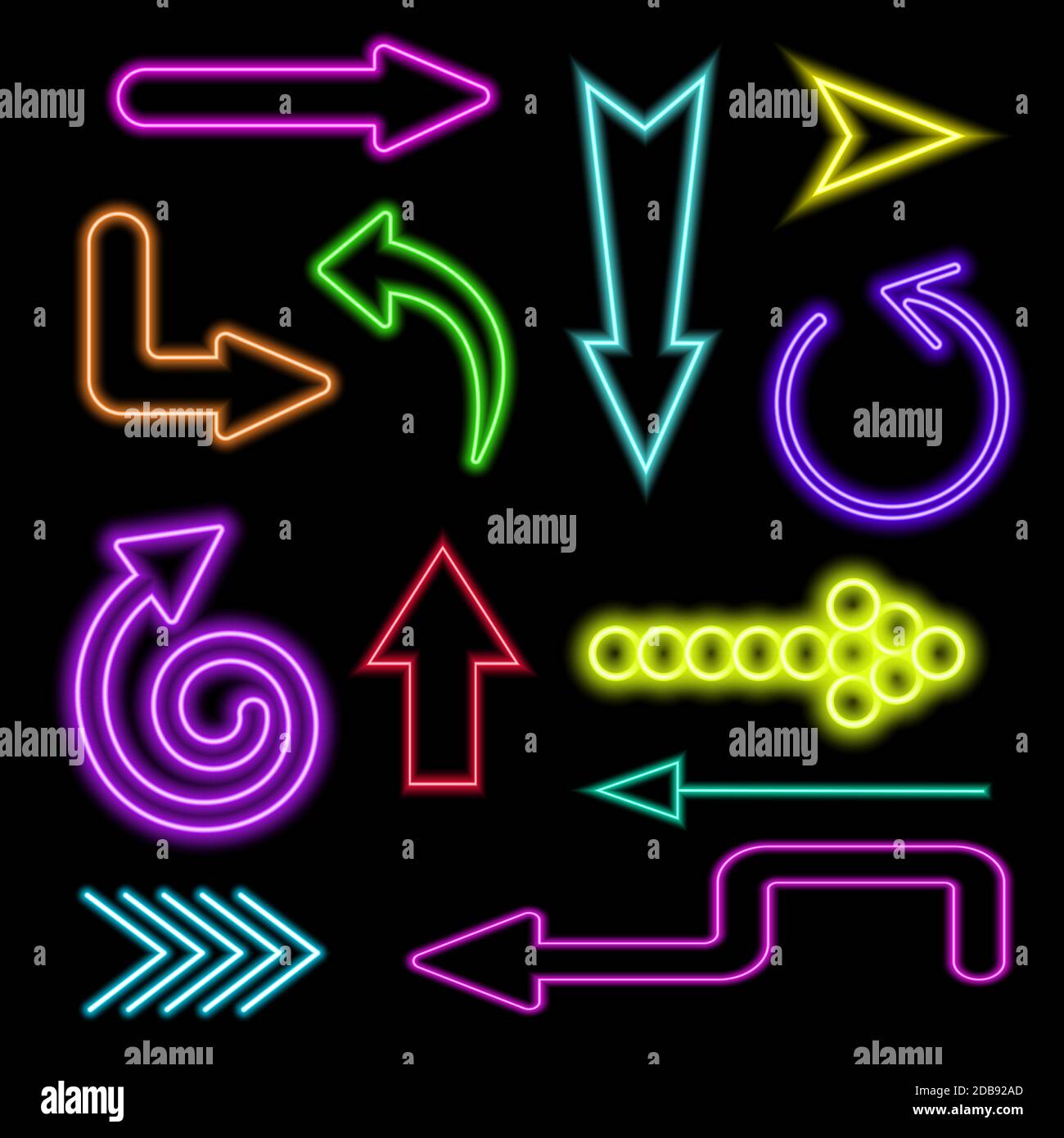 Neon glowing arrows big set. Lightning signs on dark background. Vector ...