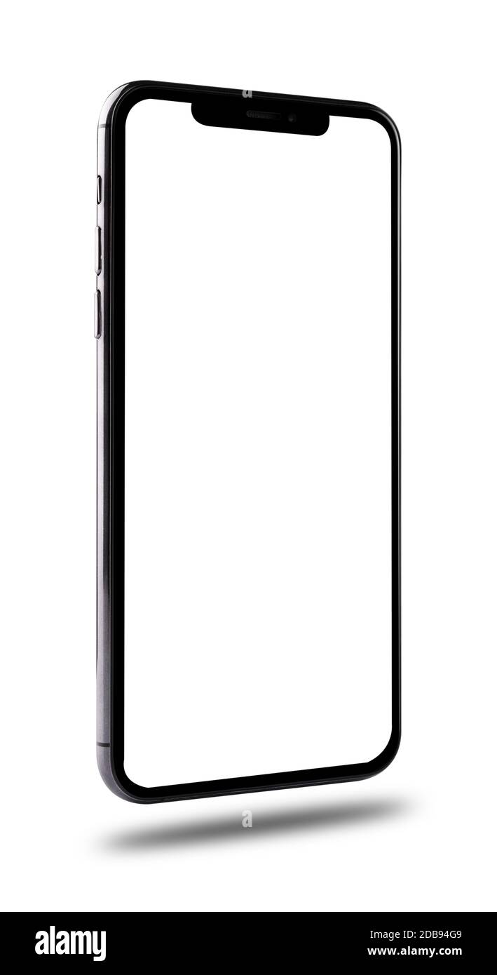 Closeup modern digital black Smartphone mobile mockup blank side screen ...