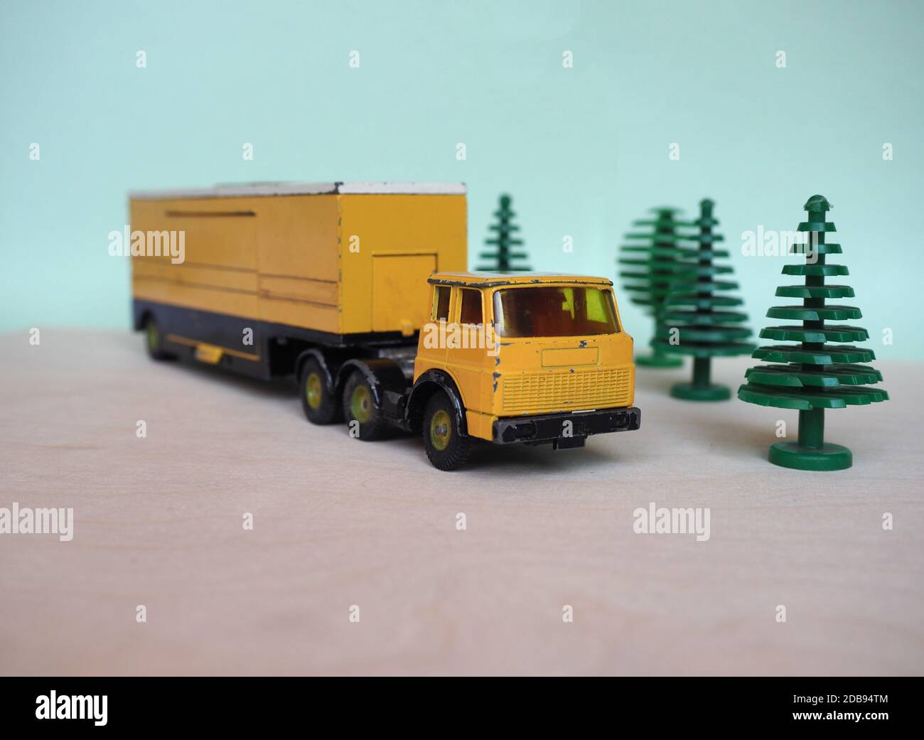 Vintage scale model yellow lorry with selective focus. Articulated ...