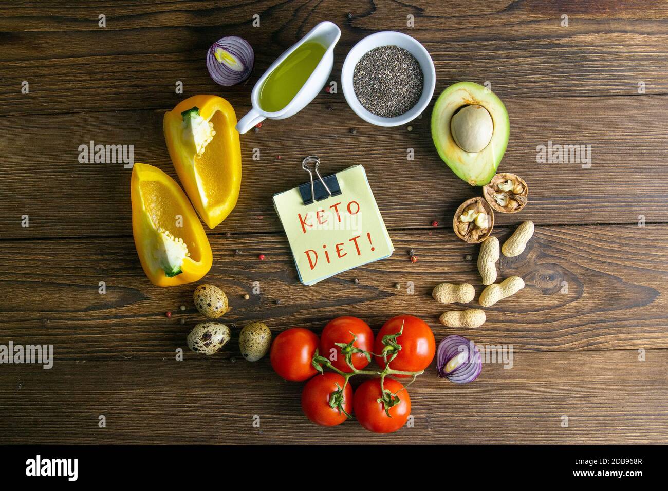 Keto diet. Vegetables and nuts are lined in the shape of a circle ...