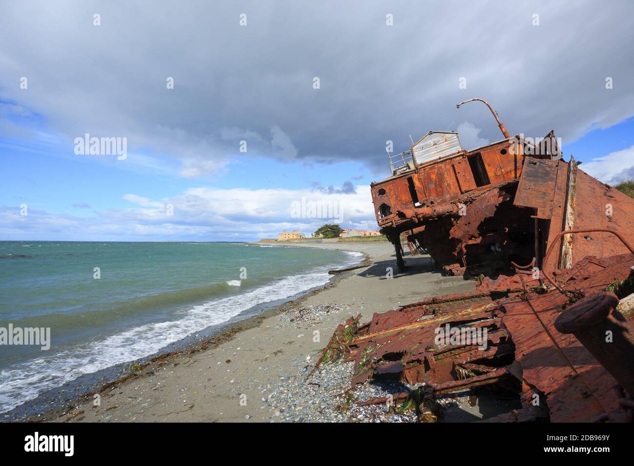 Wreckages on San Gregorio beach, Chile historic site. Beached ships ...