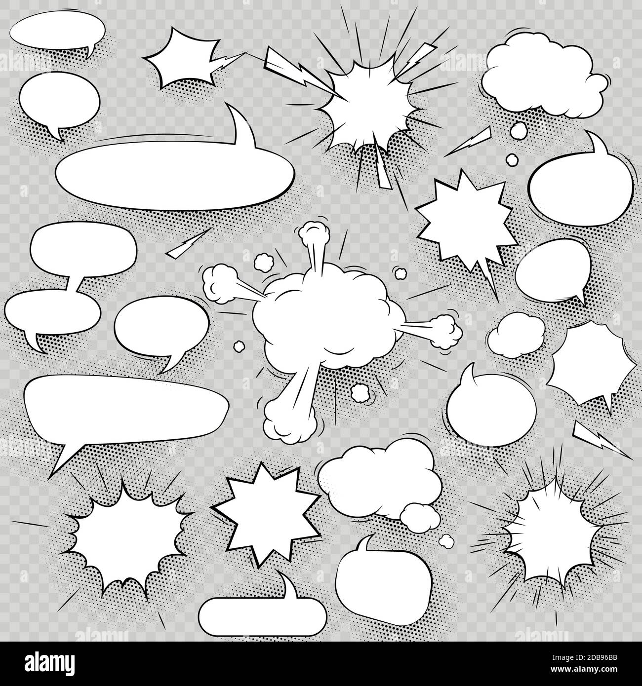 Set of collection comic style speech bubbles and elements with halftone ...