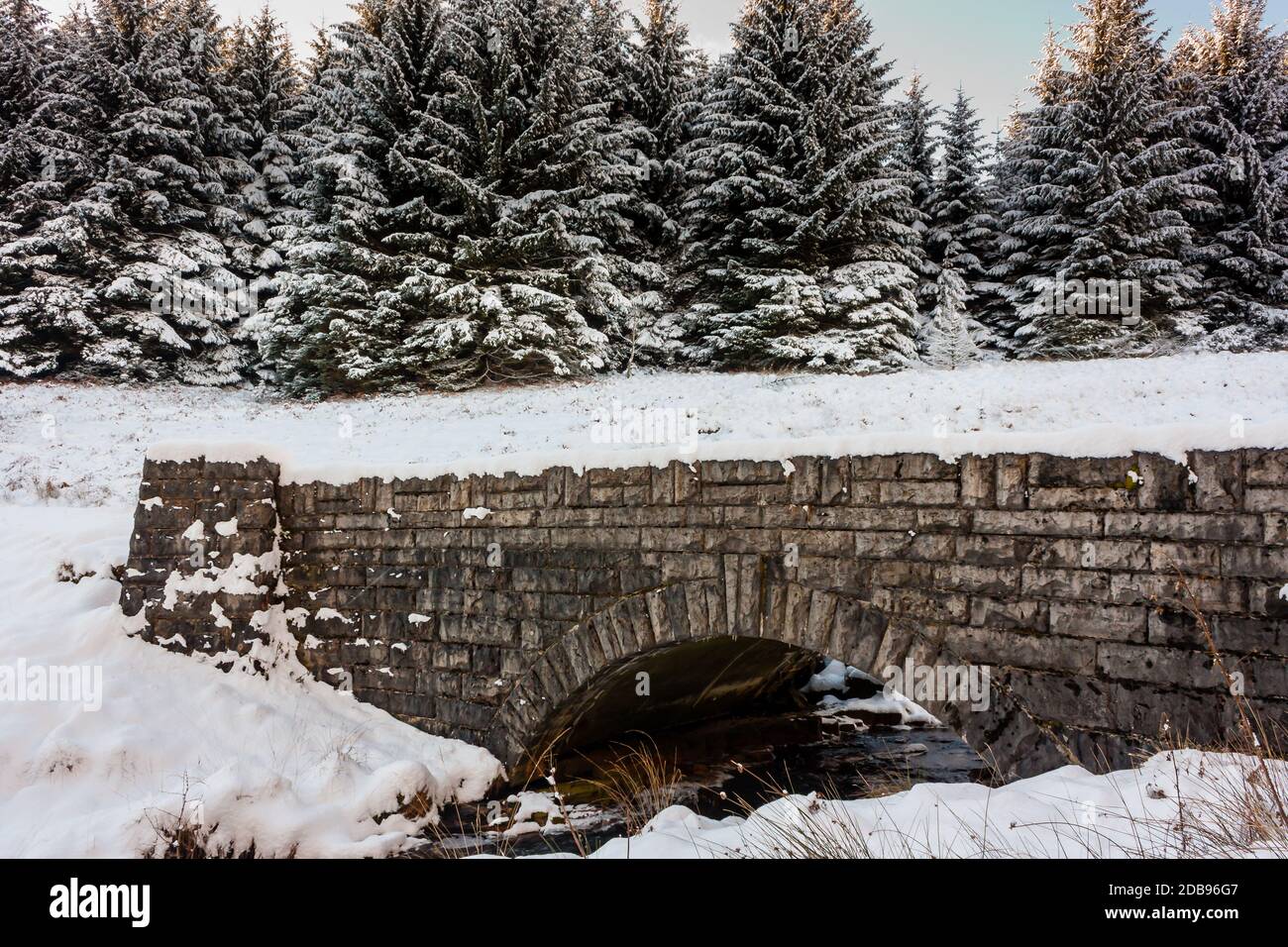 Small stone bridge over a stream in a snow covered forest landscape ...