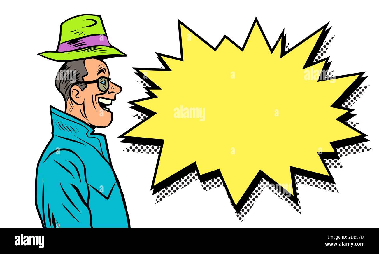 happy businessman. greeting raises his hat. Comics caricature pop art ...