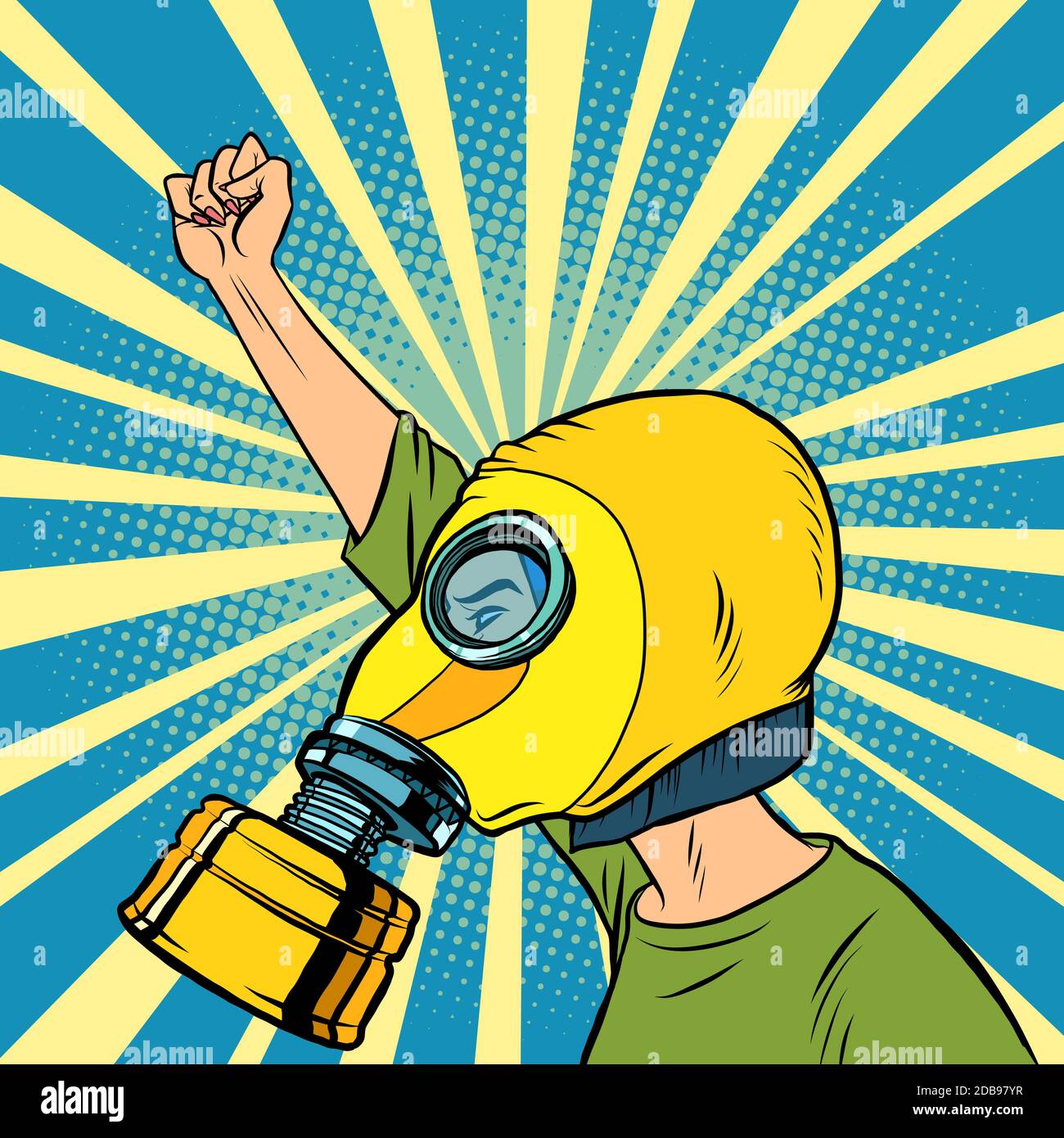Protester in a gas mask. Protest for clean air. Comics caricature pop ...