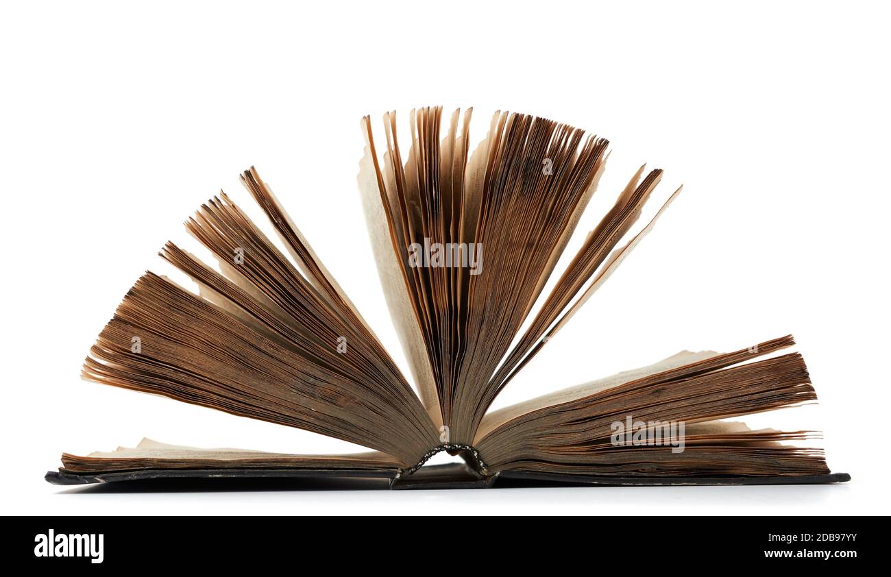 open very old book with yellow sheets isolated on white background ...