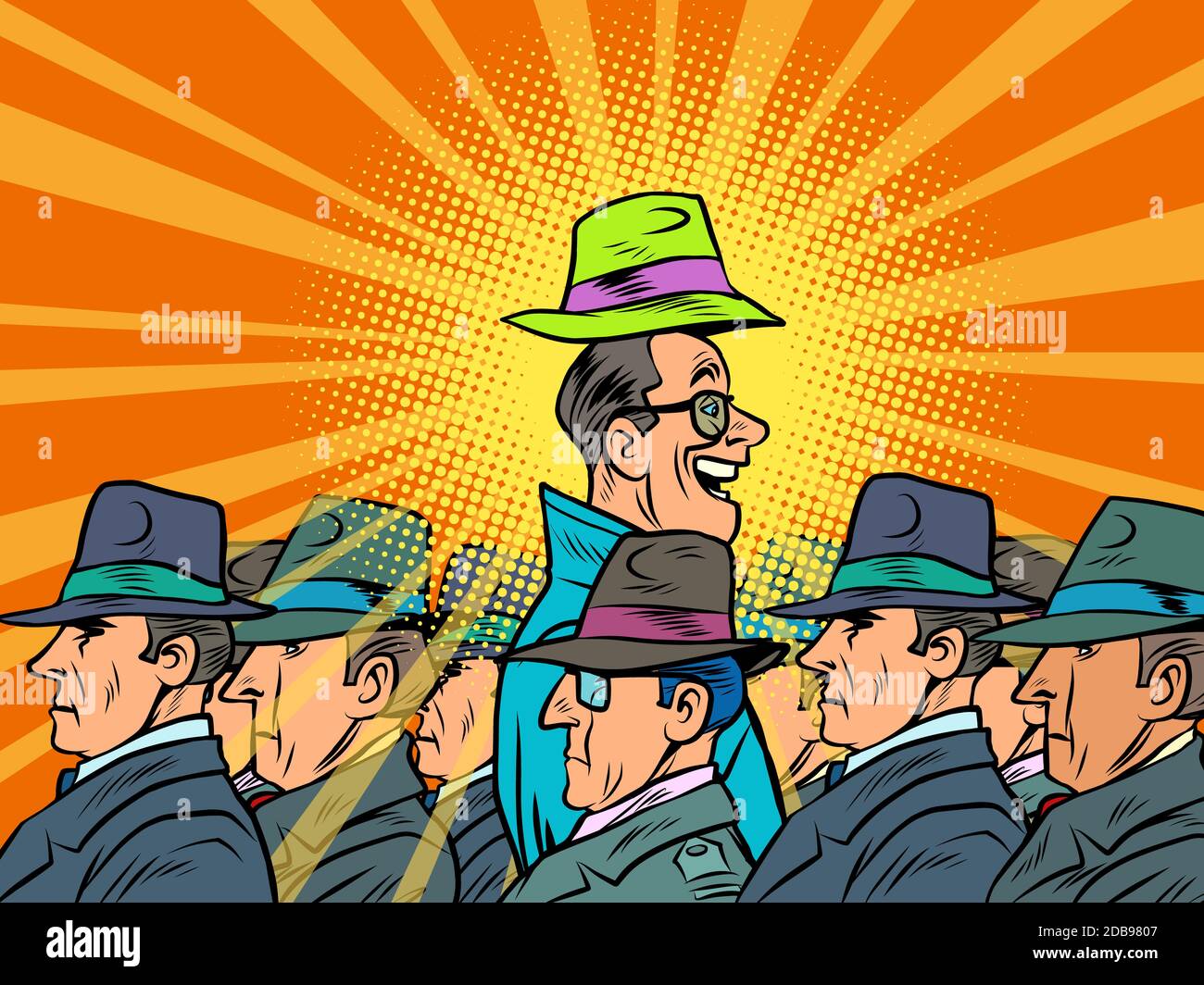 unique in the crowd. Happy man among serious. Comics caricature pop art ...