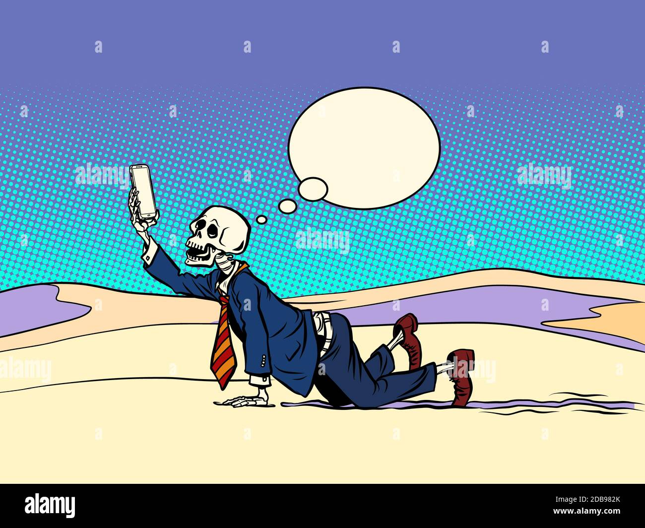 a skeleton in the desert with a smartphone looking for cellular. Comics ...