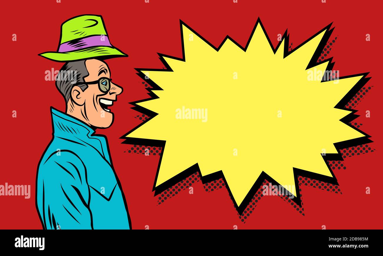 happy businessman. greeting raises his hat. Comics caricature pop art ...