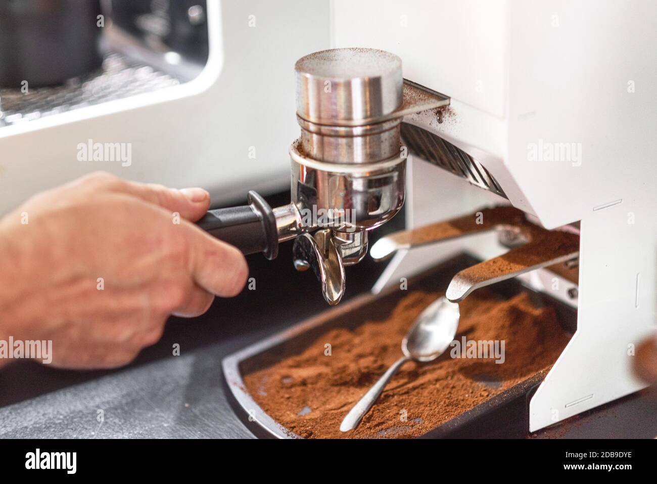 Hand Of Barista Holding Coffee Tamper And Making Coffee Preparation ...