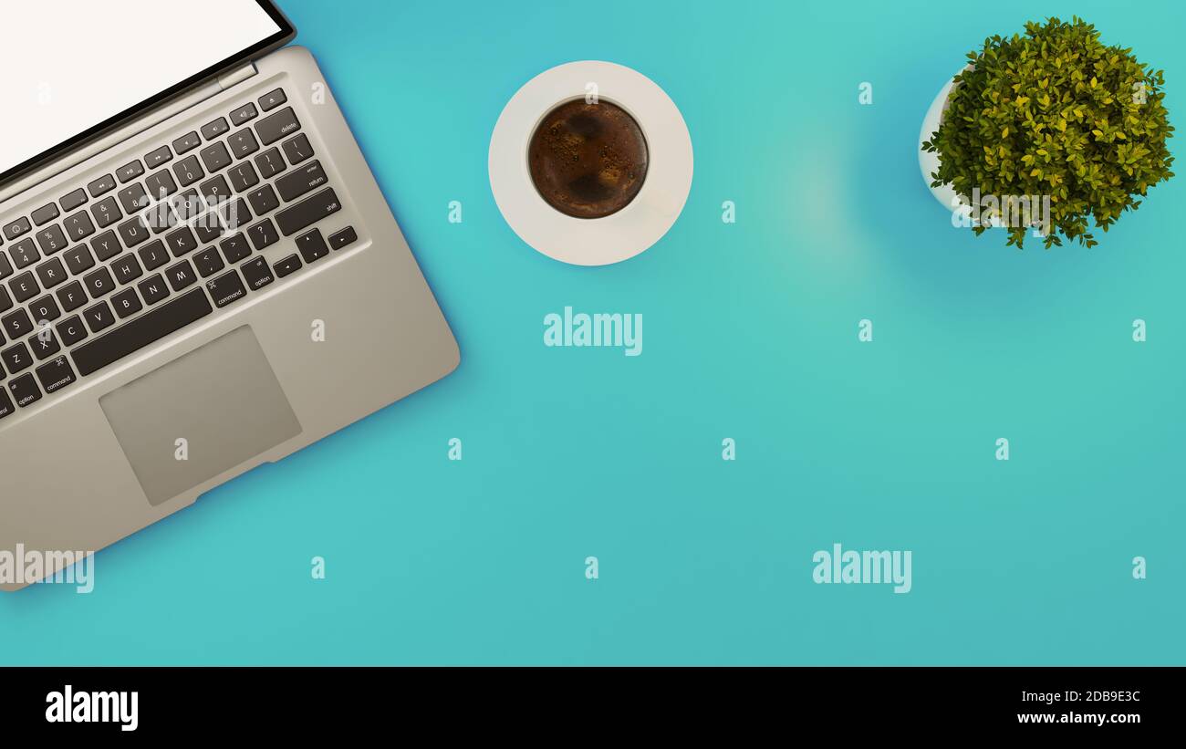 Laptop and white coffee cup and small plant on light blue desk ...