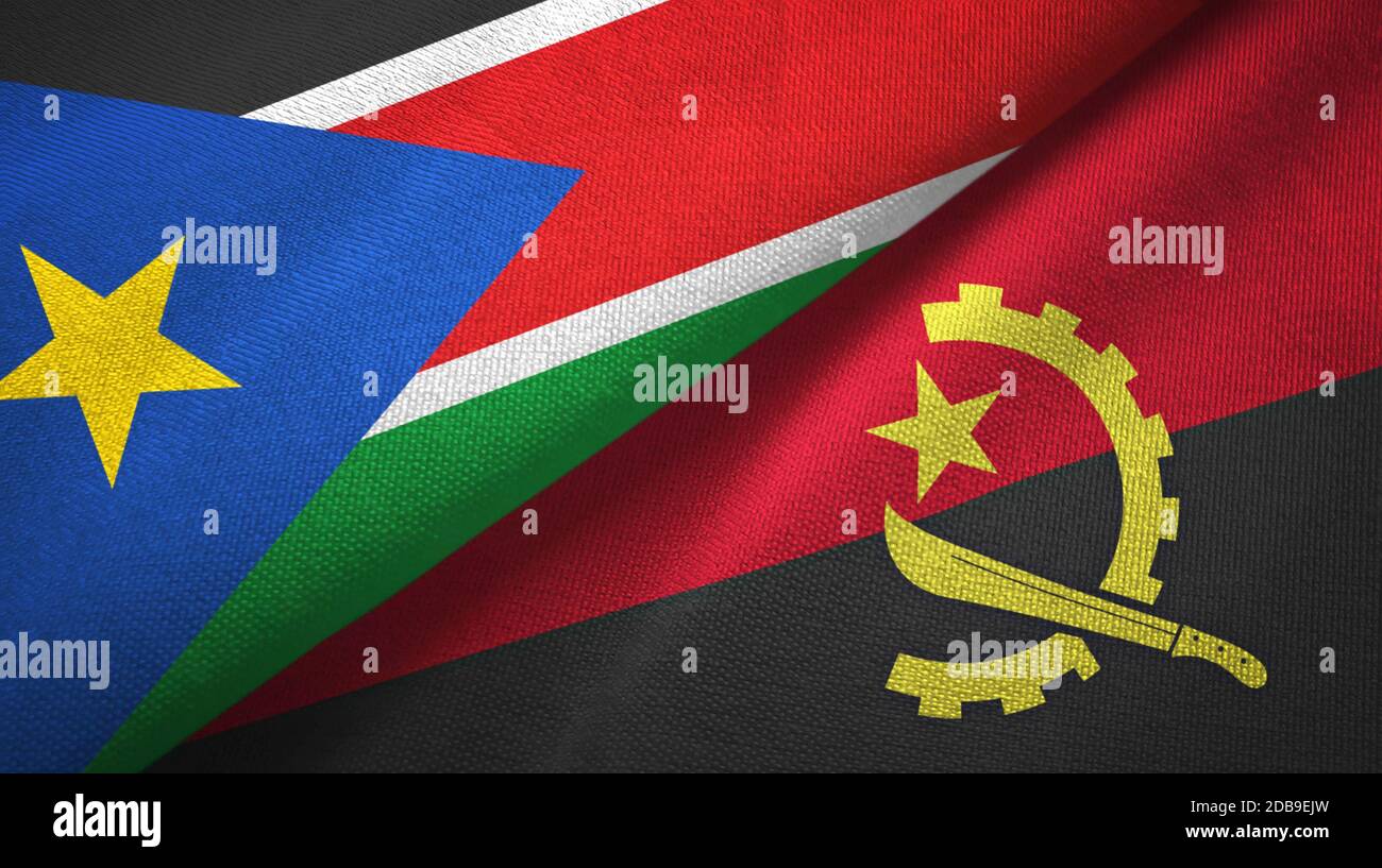 South Sudan and Angola two flags textile cloth, fabric texture Stock ...