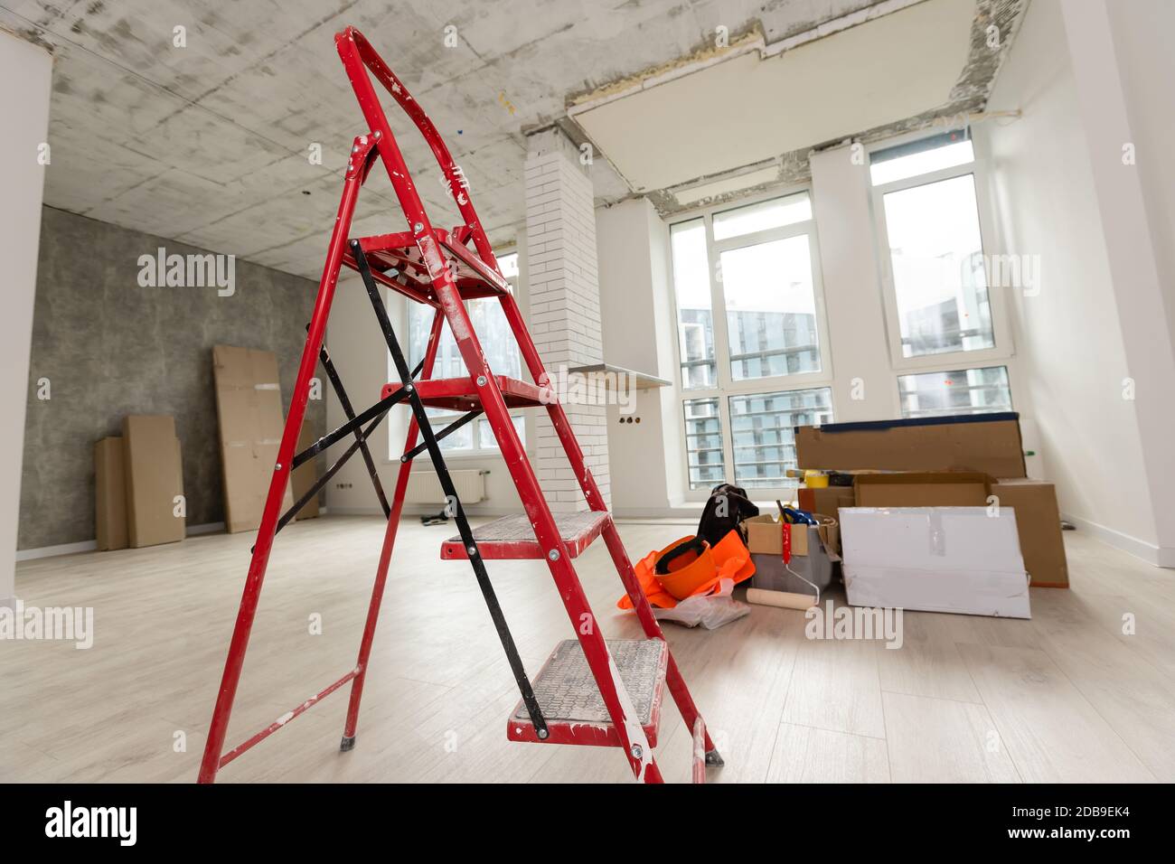Home renovation in room full of painting tools Stock Photo - Alamy